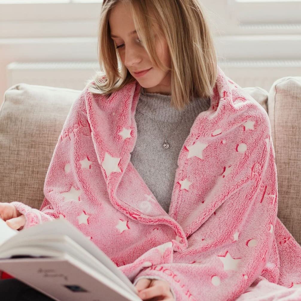 Glow in The Dark Throw Blanket, Super Soft Fuzzy Plush Fleece, Decorated with Stars and Words of Encouragement, Birthday Gift for Girls Kids Women Teens Grandkids Toddlers, Pink, 50" x 60"