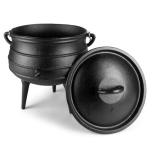 bruntmor pre-seasoned cast iron cauldron - 6 quart african potjie pot with lid - 3-legged dutch oven for camping and over-the-fire cooking - durable outdoor cookware for stews, chili, and slow cooking