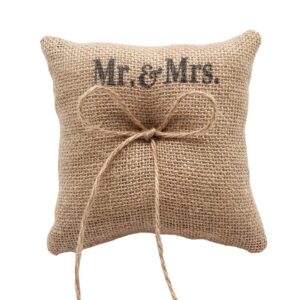 lasenersm hessian burlap jute bow twine bridal wedding ring pillow 15 x 15cm mr & mrs vintage burlap wedding ring bearer pillow cushion for wedding or jewelry shop display jewelry ring