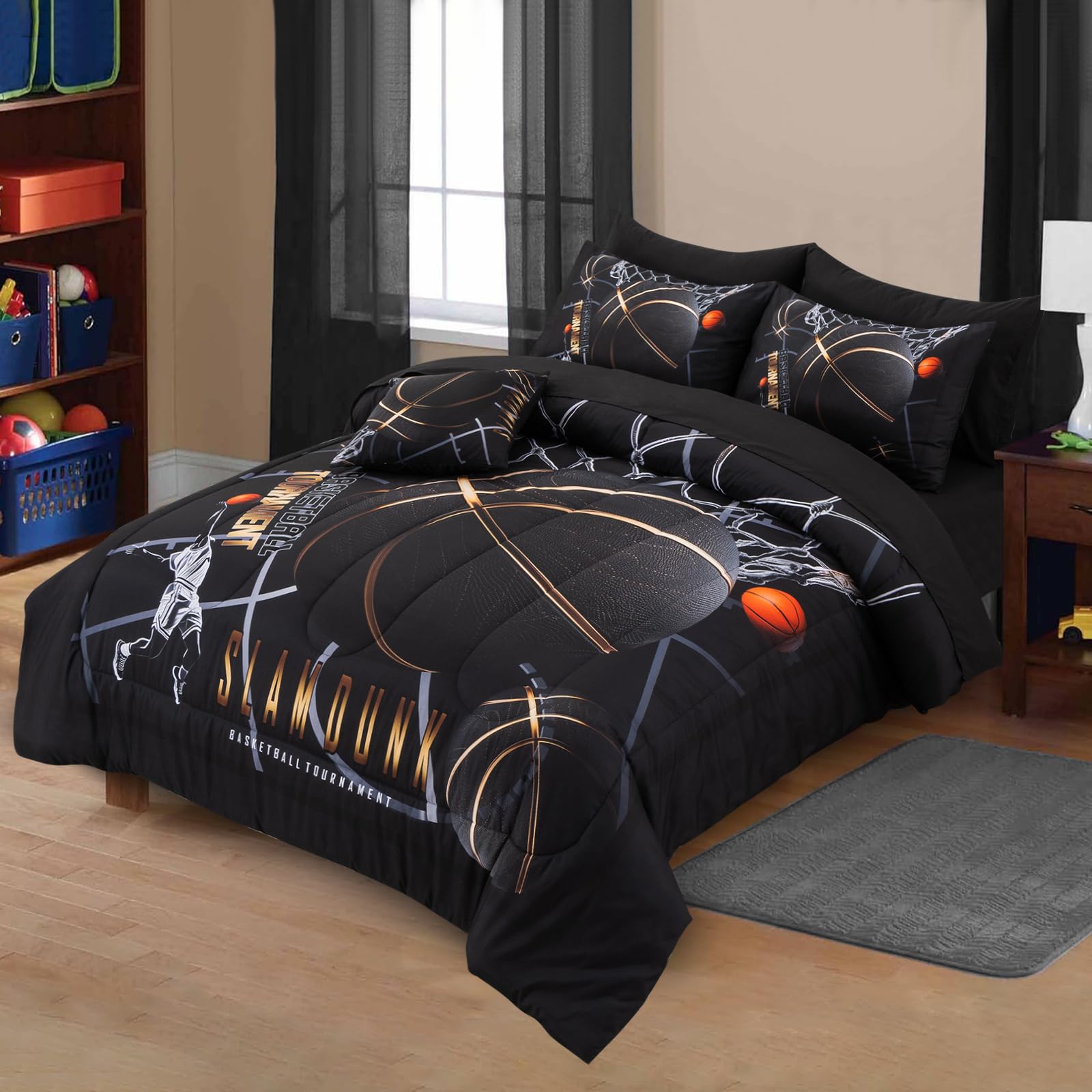 A Nice Night Basketball Court Printing Comforter Quilt Bedding Set Full Size for Teen Boys (Basketball Court)