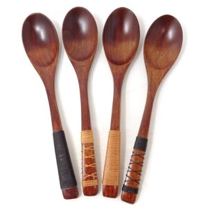 honbay 4pcs handmade japanese style long handle wooden soup spoons with tied line on handle for travel, picnic, camping or just for daily use