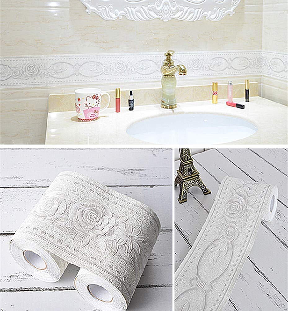 UPREDO 3D Decorative Floral Molding Waterproof Wallpaper Border Peel and Stick for Bathroom Kitchen Counter Top Backsplash Tiles Sticker,4 Inch by 16.4Ft (Cream White)