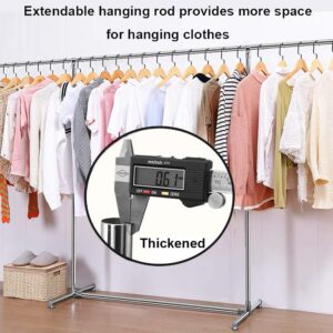 RELIANCER Heavy Duty Large Garment Rack Stainless Steel Clothes Drying Rack Commercial Grade Extendable 47-77inch Clothes Rack Adjustable Clothe Hanger Rolling Rack with 4 Casters Tool Golves 10 Hook