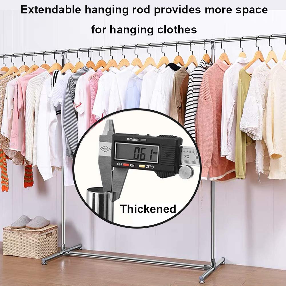 RELIANCER Heavy Duty Large Garment Rack Stainless Steel Clothes Drying Rack Commercial Grade Extendable 47-77inch Clothes Rack Adjustable Clothe Hanger Rolling Rack with 4 Casters Tool Golves 10 Hook