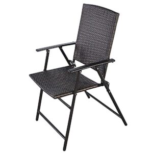 COSTWAY P 4 PCS Folding Patio Outdoor Pool Lawn Portable Wicker Armrest & Footrest Durable Rattan Steel Frame Commercial Foldable Stackable Party Wedding Chair Set (24X23X, Mix Brown