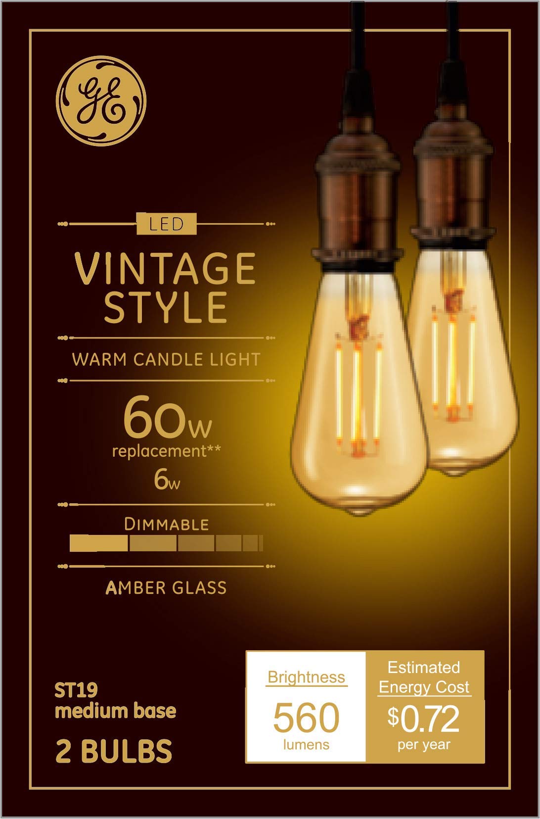 GE Lighting Vintage Edison Style LED Light Bulbs, 6 Watts (60 Watt Equivalent) Warm Candle Light, Amber Glass, Medium Base, Dimmable (2 Pack)