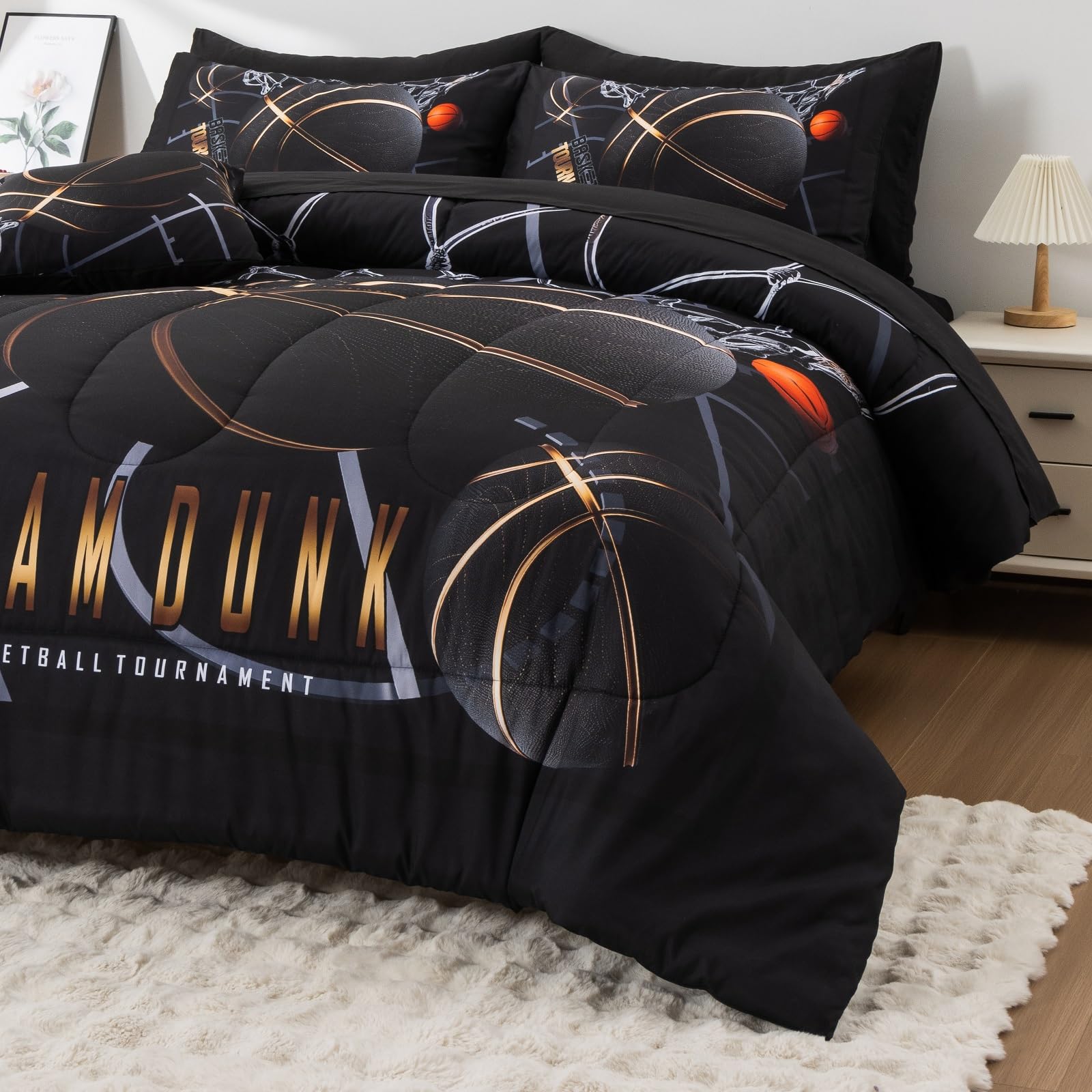 A Nice Night Basketball Court Printing Comforter Quilt Bedding Set Full Size for Teen Boys (Basketball Court)