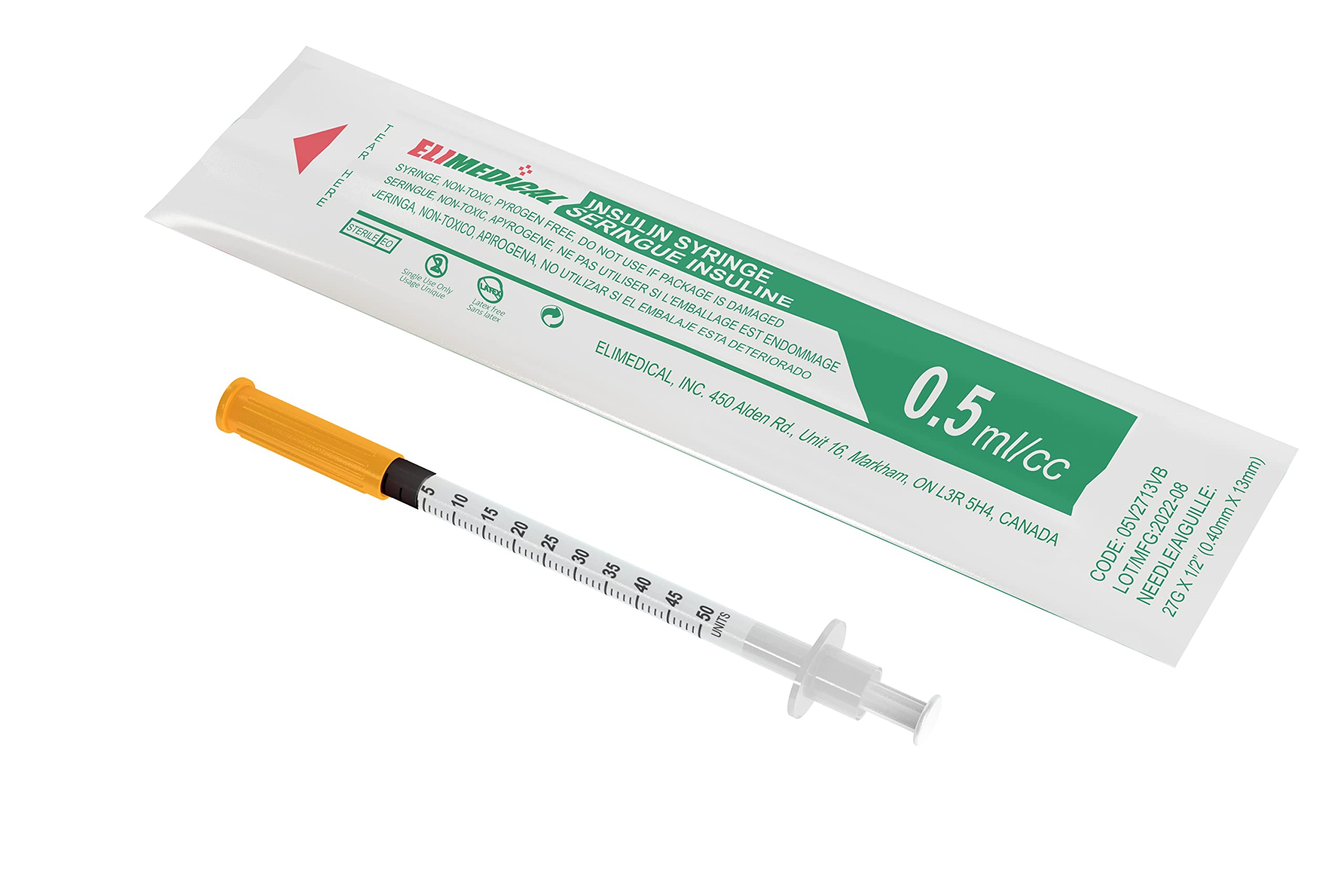 Elimedical Veterinary Insulin Syringe, U-100, 0.5cc (0.5ml), 27g x 1/2 inch (12.7mm), Individually Packed, for Pet Cat or Dog, 100 per Box, 05V2713VB