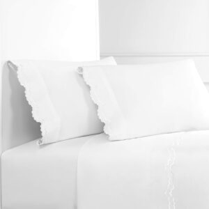 melange home percale cotton double scalloped embroidered tw, twin duvet set, pink on white