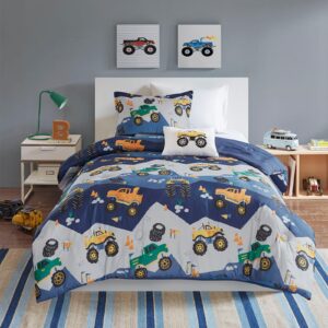 Mi Zone Kids Twin Comforter Set for Boys 3 Piece Monster Truck Comforter Set, Twin Size Bedding Set, Teen Bed Set, Microfiber Bedding Set, Matching Sham, Embroidered Truck Throw Pillow, Twin, Blue