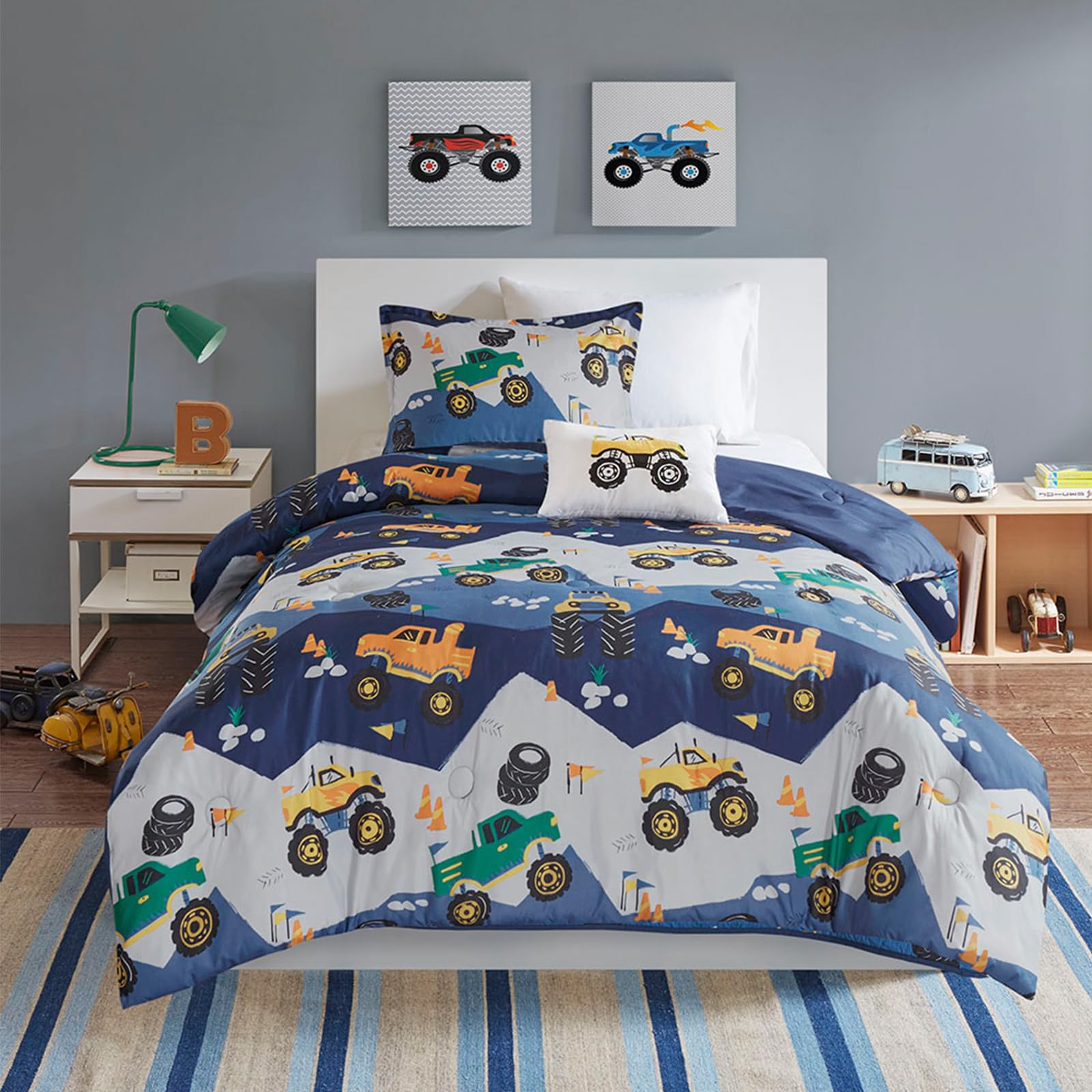 Mi Zone Kids Twin Comforter Set for Boys 3 Piece Monster Truck Comforter Set, Twin Size Bedding Set, Teen Bed Set, Microfiber Bedding Set, Matching Sham, Embroidered Truck Throw Pillow, Twin, Blue