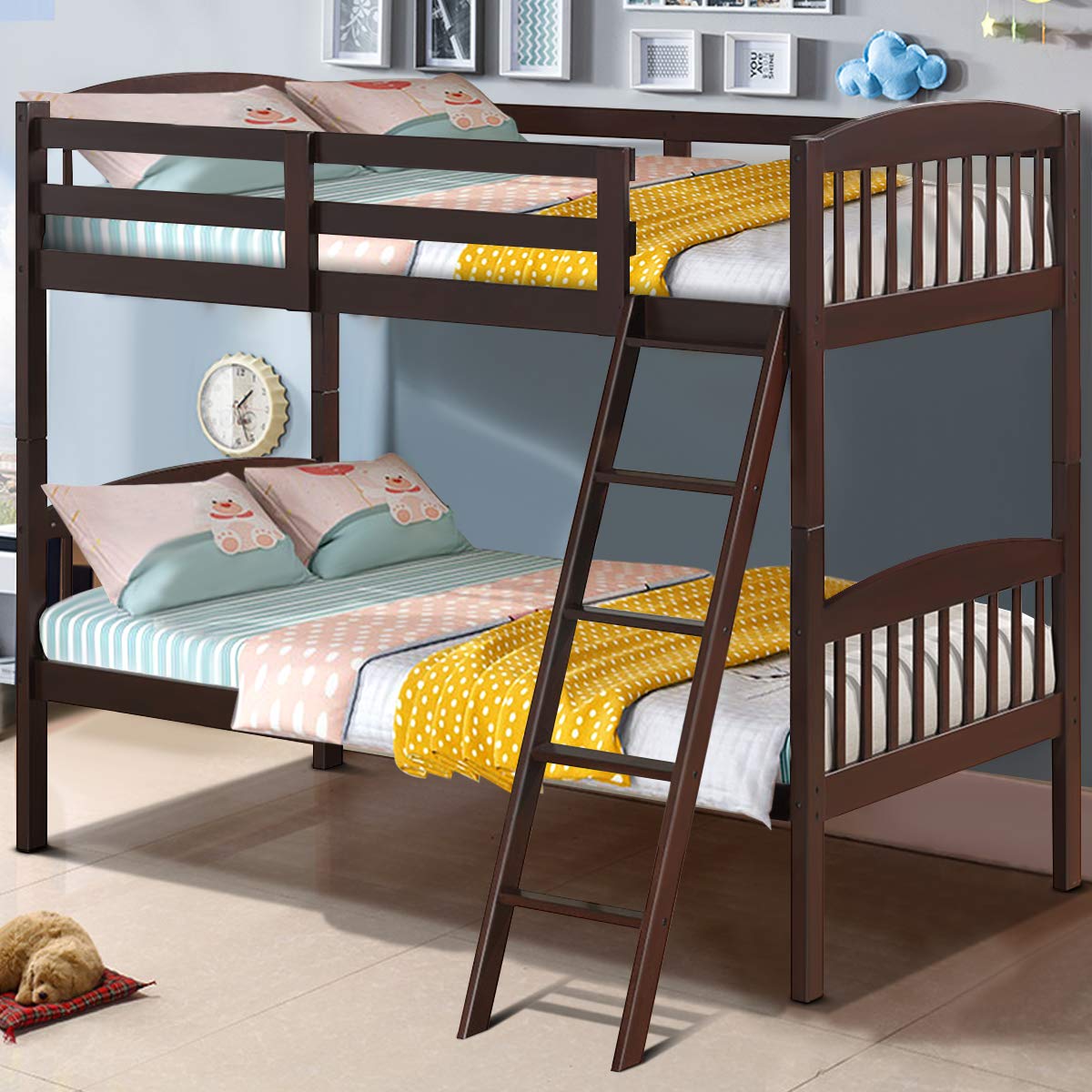 Costzon Twin Over Twin Bunk Beds, Convertible Into Two Individual Solid Rubberwood Beds, Children Twin Sleeping Bedroom Furniture w/Ladder and Safety Rail for Kids Boys & Girl (Espresso)