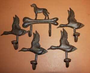 southern metal duck hunter rustic home decor, cast iron duck retriever dog, bundle of 5 coat hat wall hooks