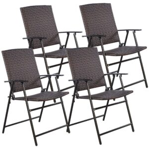 costway p 4 pcs folding patio outdoor pool lawn portable wicker armrest & footrest durable rattan steel frame commercial foldable stackable party wedding chair set (24x23x, mix brown