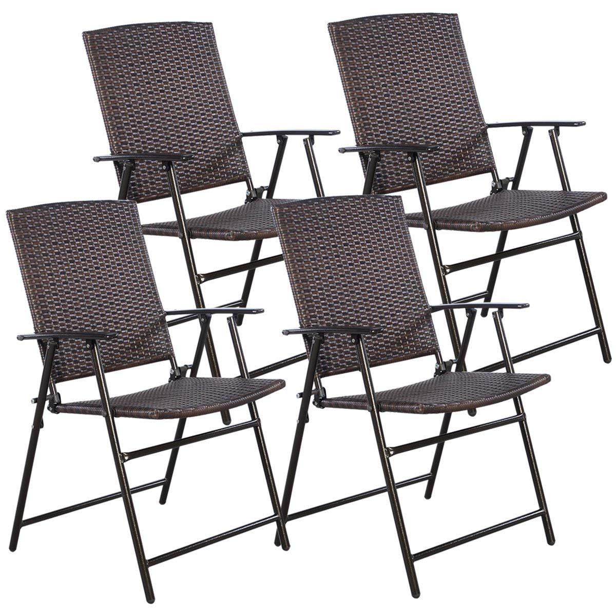 COSTWAY P 4 PCS Folding Patio Outdoor Pool Lawn Portable Wicker Armrest & Footrest Durable Rattan Steel Frame Commercial Foldable Stackable Party Wedding Chair Set (24X23X, Mix Brown