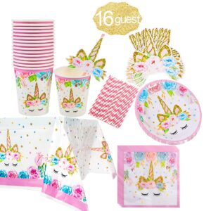 unico themed party supplies set,cake plates,cups,napkins,tablecloth,straws&decoration,paper disposable tableware set for girls children birthday party or first ,baby shower, serves 16 guests