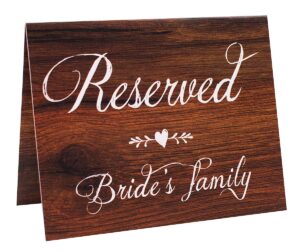 reserved wedding table signs | set of 6 rustic wood look reserved signs including reserved for bride's family groom's family and wedding party | freestanding double sided