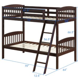 Costzon Twin Over Twin Bunk Beds, Convertible Into Two Individual Solid Rubberwood Beds, Children Twin Sleeping Bedroom Furniture w/Ladder and Safety Rail for Kids Boys & Girl (Espresso)