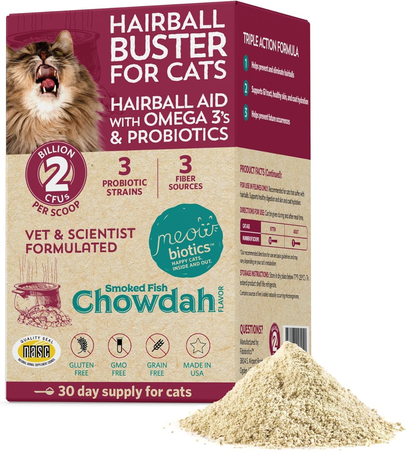 Fidobiotics Hairball Buster, Cat Hairball Aid, with Probiotics, Smoked Fish Chowdah, 2 Billion CFUs, 0.5 oz (15 g)