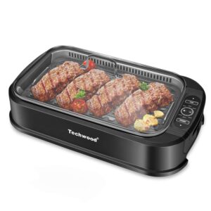 indoor smokeless grill, techwood 1500w electric indoor grill with tempered glass lid, portable non-stick bbq korean grill, turbo smoke extractor technology, drip tray& double removable plate, black