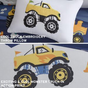 Mi Zone Kids Twin Comforter Set for Boys 3 Piece Monster Truck Comforter Set, Twin Size Bedding Set, Teen Bed Set, Microfiber Bedding Set, Matching Sham, Embroidered Truck Throw Pillow, Twin, Blue