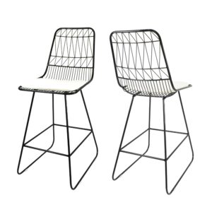 gdfstudio outdoor counter stools, 26" seats, modern, geometric, black iron frames with ivory cushion (set of 2)