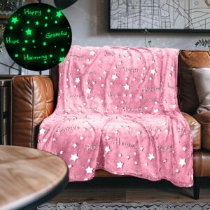 Glow in The Dark Throw Blanket, Super Soft Fuzzy Plush Fleece, Decorated with Stars and Words of Encouragement, Birthday Gift for Girls Kids Women Teens Grandkids Toddlers, Pink, 50" x 60"