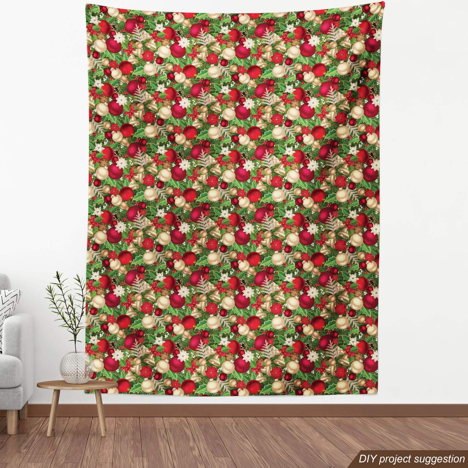 Ambesonne Christmas Fabric by The Yard, Tree Branches Spruce Leaves Balls Bells Cones Poinsettia Flowers Mistletoe Berry, Decorative Fabric for Upholstery and Home Accents, 1 Yard, Ruby Green