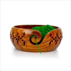 premium rosewood storage bowl for yarn balls & skeins with decorative carved drills & drops & candy knitting needles | knitting & crochet notions | nagina international (large)