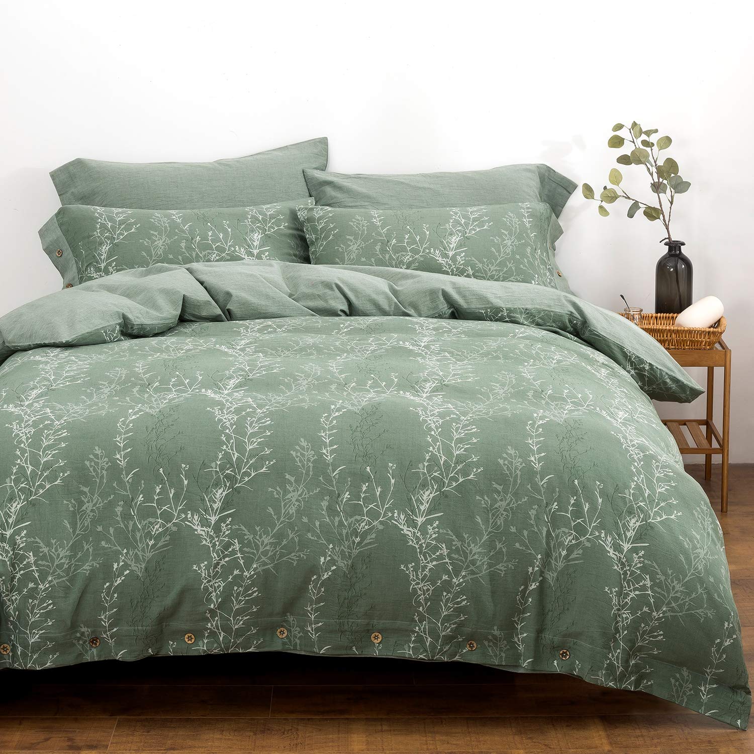 OREISE Duvet Cover Set King Size Washed Cotton Yarn, Jacquard Green and White Thin Branch Pattern Floral Style 3Piece Bedding Set