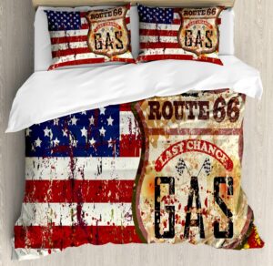 lunarable route 66 duvet cover set, american flag with grunge stripes and stars national highway scenic road trip, decorative 3 piece bedding set with 2 pillow shams, queen size, red blue