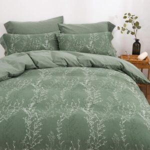 OREISE Duvet Cover Set King Size Washed Cotton Yarn, Jacquard Green and White Thin Branch Pattern Floral Style 3Piece Bedding Set