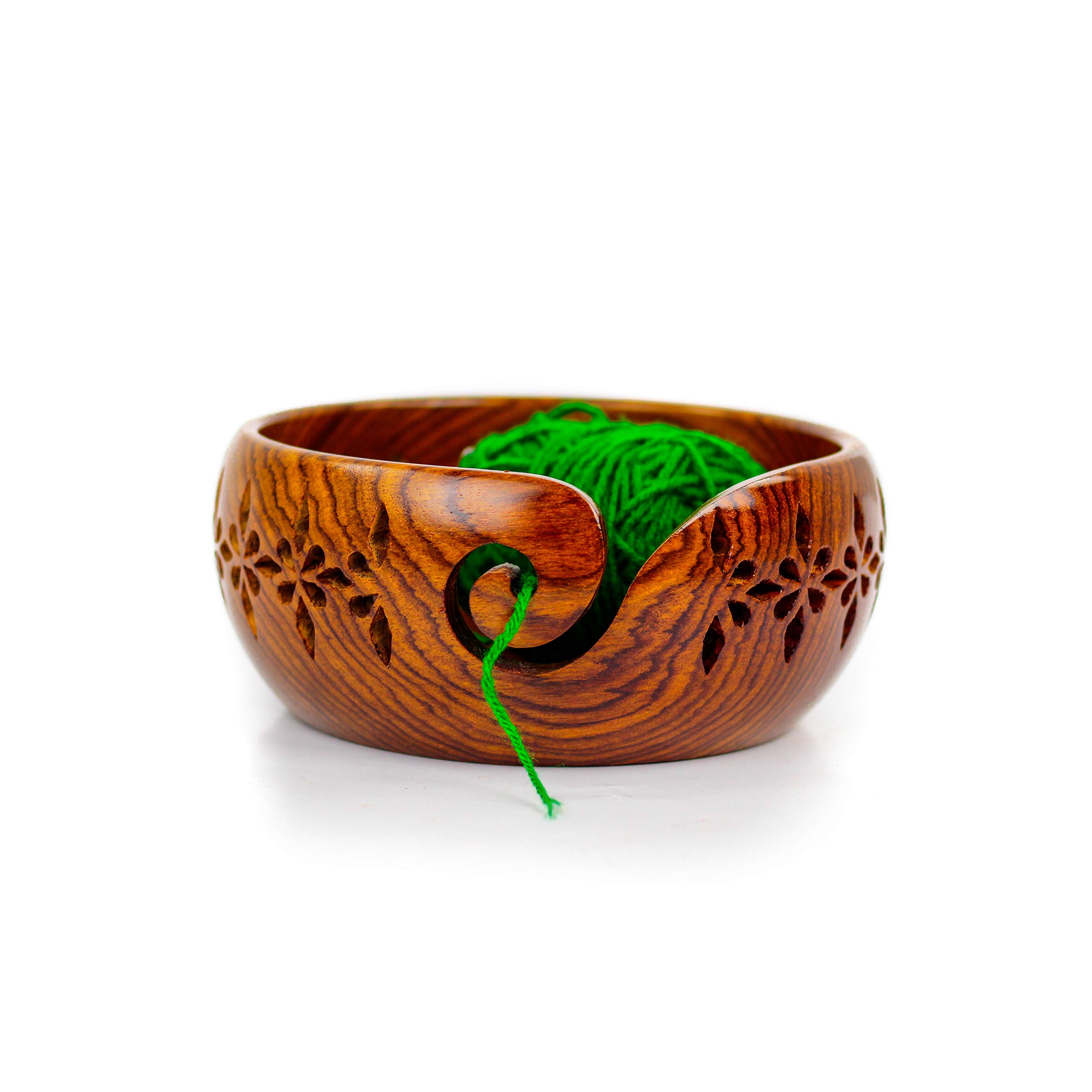 Premium Rosewood Storage Bowl for Yarn Balls & Skeins with Decorative Carved Drills & Drops & Candy Knitting Needles | Knitting & Crochet Notions | Nagina International (Large)