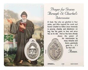 village gift importers premium assorted holy cards with medal | catholic saints and prayers with medals (st. charbel's intercession)