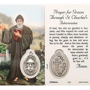 VILLAGE GIFT IMPORTERS Premium assorted Holy Cards with Medal | Catholic Saints and Prayers with medals (St. Charbel's Intercession)