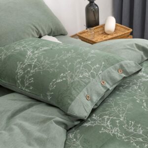 OREISE Duvet Cover Set King Size Washed Cotton Yarn, Jacquard Green and White Thin Branch Pattern Floral Style 3Piece Bedding Set