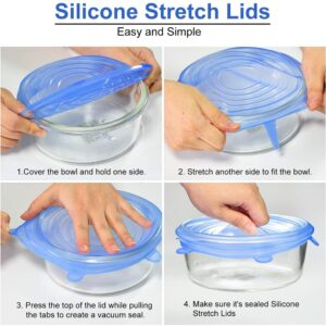 Flexible Silicone Stretch Lids Round Reusable Food Covers for Bowl Cup Dish Silicone Food Wrap Food Grade 6pcs (Blue)