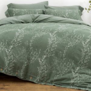 oreise duvet cover set king size washed cotton yarn, jacquard green and white thin branch pattern floral style 3piece bedding set