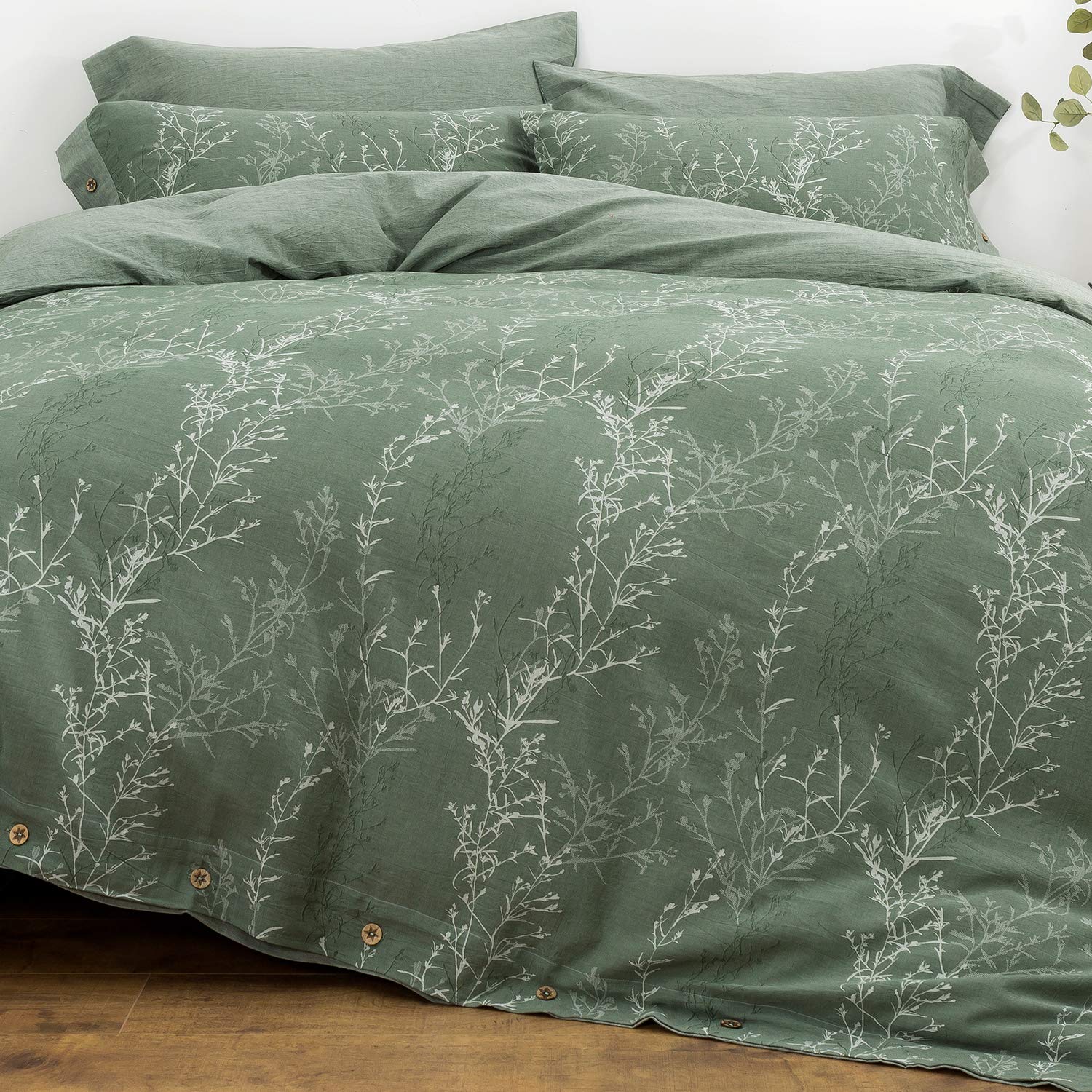 OREISE Duvet Cover Set King Size Washed Cotton Yarn, Jacquard Green and White Thin Branch Pattern Floral Style 3Piece Bedding Set