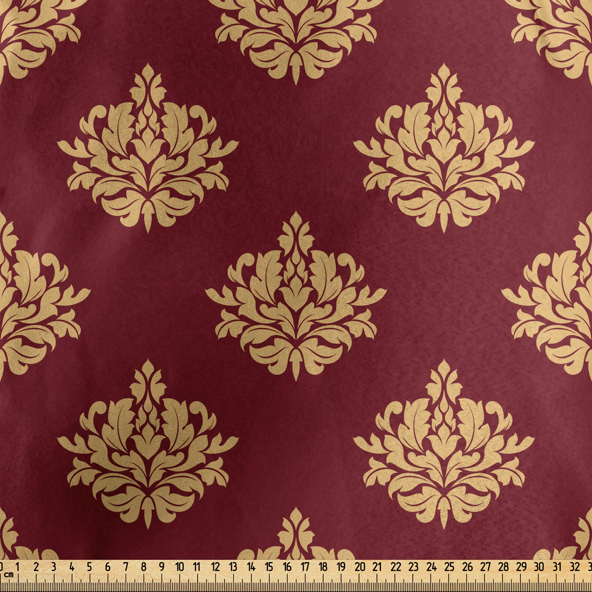 Lunarable Damask Fabric by The Yard, Designs from Orient Folklore Floral Elements Foliage Silhouette Illustration, Decorative Satin Fabric for Home Textiles and Crafts, 1 Yard, Beige and Ruby