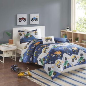 mi zone kids twin comforter set for boys 3 piece monster truck comforter set, twin size bedding set, teen bed set, microfiber bedding set, matching sham, embroidered truck throw pillow, twin, blue