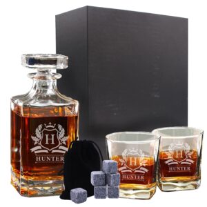 the wedding party store, personalized whiskey decanter and glasses set - custom monogrammed with cavalier design