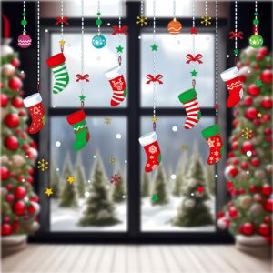 ONDY Merry Christmas Garter Window Glass Decoration Stickers 2025 New Holiday Removable Dress Up DIY Static Window Clings Decals for Living Room Bedroom Shop Window