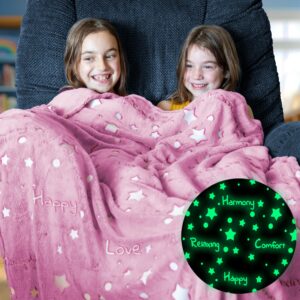 glow in the dark throw blanket, super soft fuzzy plush fleece, decorated with stars and words of encouragement, birthday gift for girls kids women teens grandkids toddlers, pink, 50" x 60"