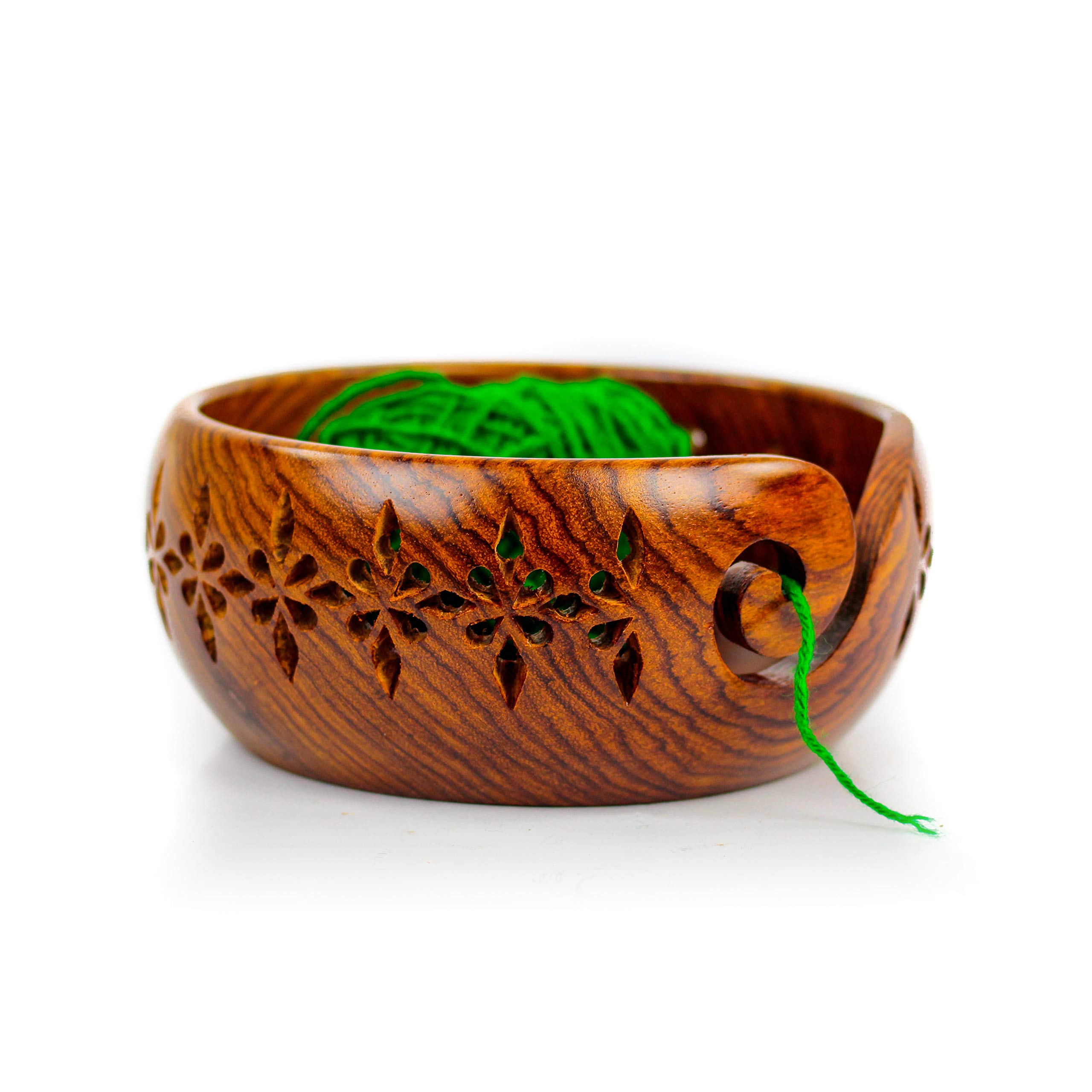 Premium Rosewood Storage Bowl for Yarn Balls & Skeins with Decorative Carved Drills & Drops & Candy Knitting Needles | Knitting & Crochet Notions | Nagina International (Large)