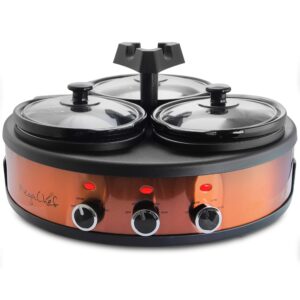 MegaChef Round Triple 1.5 Quart Slow Cooker and Buffet Server in Brushed Copper and Black Finish with 3 Ceramic Cooking Pots and Removable Lid Rests