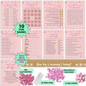 baby shower games for girl dont say baby, tummy tape, bingo game cards and baby shower decorations for girl, 10 fun games, 25 pens, 100 acrylic pacifiers, clothespins, balloons