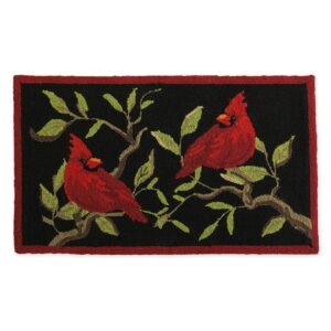 indoor/outdoor cardinal accent rug | hand-hooked 100% polypropylene | all-weather | colorful redbirds design | black ground with red border | easy-care | washable | ideal for any space | 24"x42"