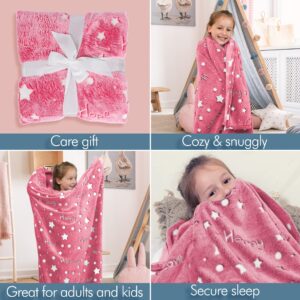 Glow in The Dark Throw Blanket, Super Soft Fuzzy Plush Fleece, Decorated with Stars and Words of Encouragement, Birthday Gift for Girls Kids Women Teens Grandkids Toddlers, Pink, 50" x 60"