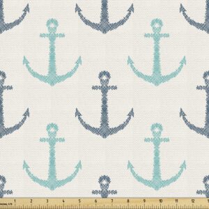 lunarable nautical fabric by the yard, line art hand drawn anchors minimalism inspired maritime pale toned image, decorative fabric for upholstery and home accents, 1 yard, blue seafoam